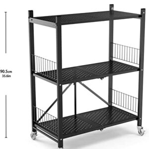 GUUVOR 3-Shelf Foldable Storage Shelves with Wheels,Kitchen Shelves Freestanding Foldable Metal Storage Shelf,No Assembly Storage Shelves,Heavy Duty Movable Shelving for Storeroom,Garage,Office