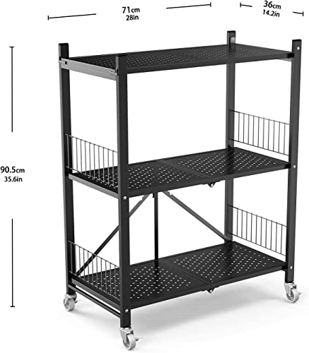 GUUVOR 3-Shelf Foldable Storage Shelves with Wheels,Kitchen Shelves Freestanding Foldable Metal Storage Shelf,No Assembly Storage Shelves,Heavy Duty Movable Shelving for Storeroom,Garage,Office