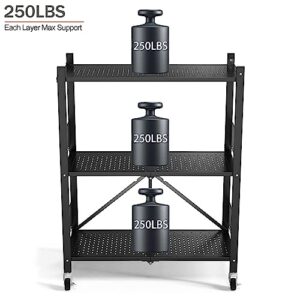 GUUVOR 3-Shelf Foldable Storage Shelves with Wheels,Kitchen Shelves Freestanding Foldable Metal Storage Shelf,No Assembly Storage Shelves,Heavy Duty Movable Shelving for Storeroom,Garage,Office