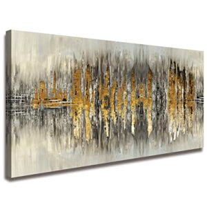 Grey and Gold Abstract Wall Art Paintings Print Artwork 1 Pieces Stretched and Framed Modern Brown Wall Decor Canvas Print Wall Art for Living Room Home Office Bedroom Kitchen Wall Decor 20"x40"