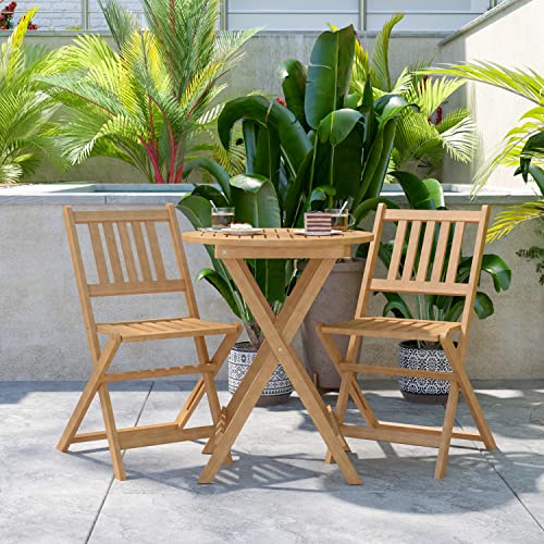 Flash Furniture Martindale 3 Piece Folding Patio Bistro Set - Natural Finish Acacia Wood - Indoor/Outdoor Round Table - 2 Chairs - Slatted Tabletop, Back and Seat