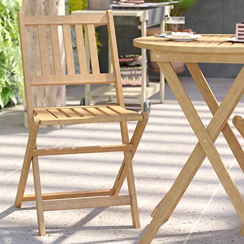 Flash Furniture Martindale 3 Piece Folding Patio Bistro Set - Natural Finish Acacia Wood - Indoor/Outdoor Round Table - 2 Chairs - Slatted Tabletop, Back and Seat