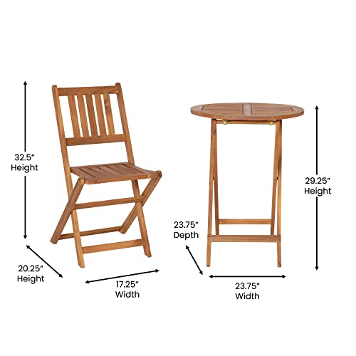 Flash Furniture Martindale 3 Piece Folding Patio Bistro Set - Natural Finish Acacia Wood - Indoor/Outdoor Round Table - 2 Chairs - Slatted Tabletop, Back and Seat