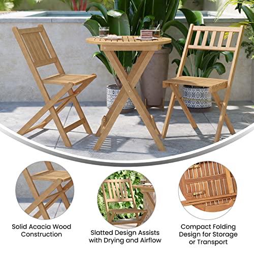 Flash Furniture Martindale 3 Piece Folding Patio Bistro Set - Natural Finish Acacia Wood - Indoor/Outdoor Round Table - 2 Chairs - Slatted Tabletop, Back and Seat