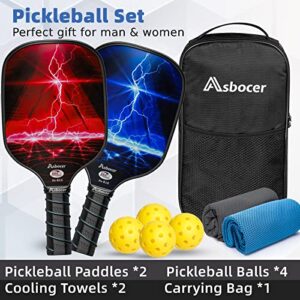 Asbocer Fiberglass Surface Pickleball Set, USAPA Approved, 4 Pickleball Balls, 2 Cooling Towels, Pickleball Bag, Pickleball Paddle,Set of 2