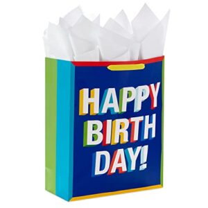 hallmark 15" extra large birthday gift bag with tissue paper ("happy birthday," red, blue, yellow, green) for kids, teachers, coworkers, friends