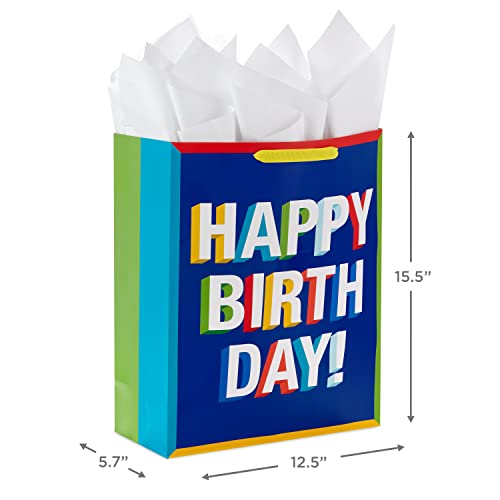 Hallmark 15" Extra Large Birthday Gift Bag with Tissue Paper ("Happy Birthday," Red, Blue, Yellow, Green) for Kids, Teachers, Coworkers, Friends