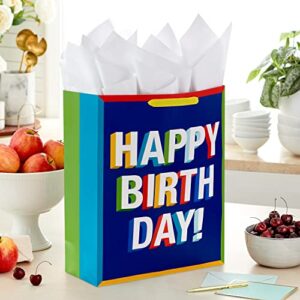 Hallmark 15" Extra Large Birthday Gift Bag with Tissue Paper ("Happy Birthday," Red, Blue, Yellow, Green) for Kids, Teachers, Coworkers, Friends