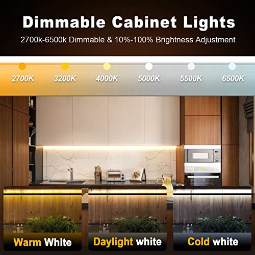 TJOY Under Cabinet Lighting Kit, 6PCS Dimmable Under Cabinet Lights, Touch and Remote Control, Led Strip Lights for Kitchen Cabinet, Counter, Shelf, Bookcase, 2700k-6500k Warm White to Daylight,9.8FT