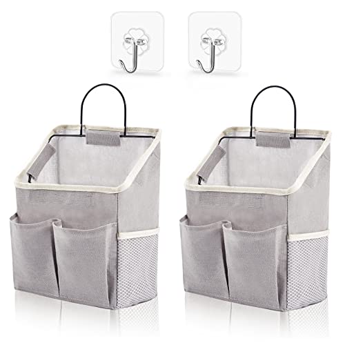 Wall Hanging Storage Basket Bag with Free Hooks,Bedside Storage Caddy,Dorm Room Essentials(2PC,Grey)