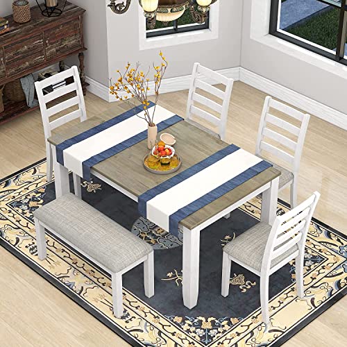 VilroCaz Rustic 6-Piece Dining Room Table Set, Counter Height Solid Wood Kitchen Dining Set with 4 Upholstered Chairs and Padded Bench, Kitchen Set for 6 (Brown-Whitewash)