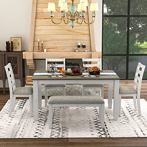 VilroCaz Rustic 6-Piece Dining Room Table Set, Counter Height Solid Wood Kitchen Dining Set with 4 Upholstered Chairs and Padded Bench, Kitchen Set for 6 (Brown-Whitewash)