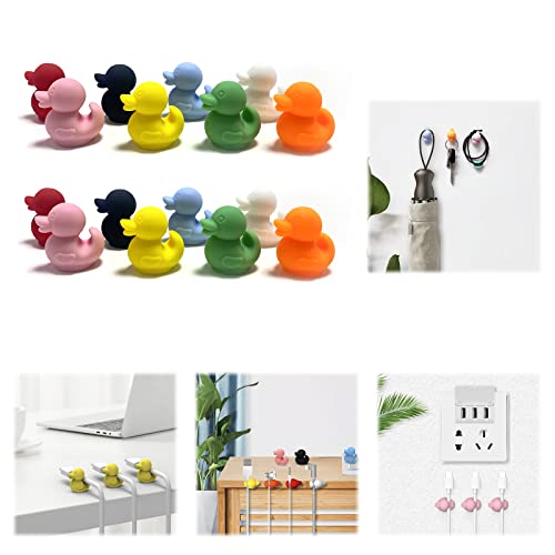 Sempoda 16Pcs Silicone Duck Wall Hooks for Hanging, Self Adhesive Duck Cable Organizer Clips with Box, Creative Key Hook Holder for Refrigerator Door Earphone Plugs Masks Wire Cable Storage