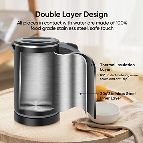 EVATEK Small Electric Kettle, Travel Mini Hot Water Boiler Heater, 304 Stainless Steel 0.8L Portable Electric Kettles for Boiling Water, 5 Mins Coffee Kettle Travel Teapot with Auto Shut-Off