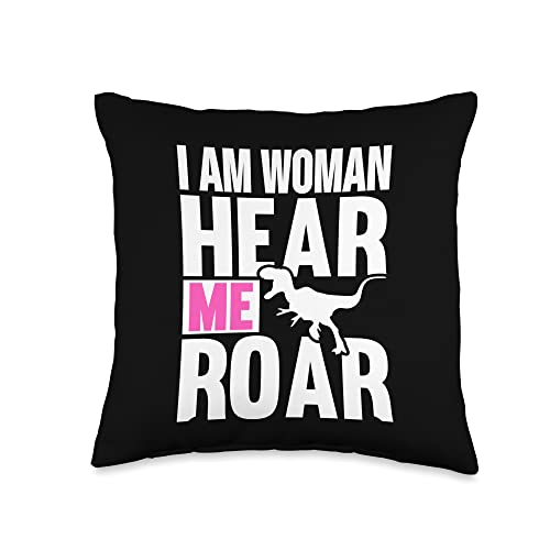 I Am Woman Hear Me Roar Rawr TShirt with Dinosaurs Dinosaur Art,I Am Woman Hear Me Roar Throw Pillow, 16x16, Multicolor