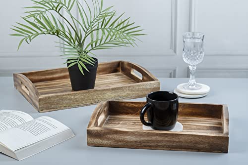 Serving Tray with Handles - Vanity Tray, Wooden Tray, Trays for Coffee Table, Bathroom Trays for Counter, Ottoman Tray, Party Trays for Serving Food, Rectangle Tray, Set of 2 Brown