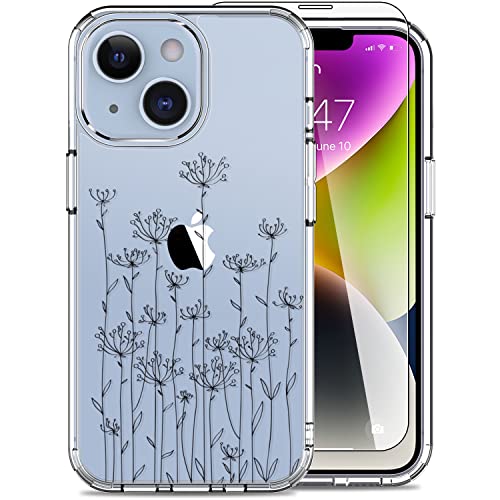 LUHOURI iPhone 14 Case with Screen Protector, Clear Cover with Fashion Cute Designs for Women Girls, Slim Fit Durable Protective Phone Case for Apple iPhone 14 6.1" Elegant Small Flowers