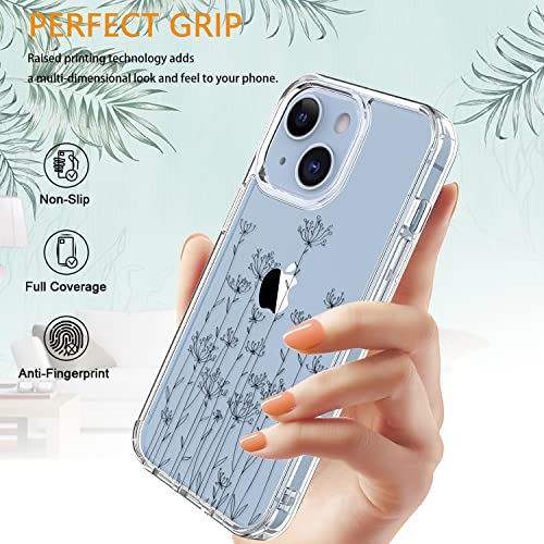 LUHOURI iPhone 14 Case with Screen Protector, Clear Cover with Fashion Cute Designs for Women Girls, Slim Fit Durable Protective Phone Case for Apple iPhone 14 6.1" Elegant Small Flowers