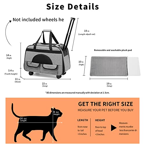 Large Rolling Cat Carrier with on Wheels, Small Dog Pet Car Travel Carrier Collapsible Bag with Rollers Wheels, Carrier for Cats under to 35 LBS/ Dog Puppy under 16 LBS ( Large Size, Not for Airplane)