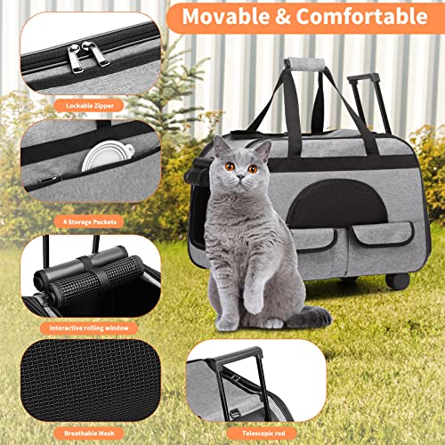 Large Rolling Cat Carrier with on Wheels, Small Dog Pet Car Travel Carrier Collapsible Bag with Rollers Wheels, Carrier for Cats under to 35 LBS/ Dog Puppy under 16 LBS ( Large Size, Not for Airplane)