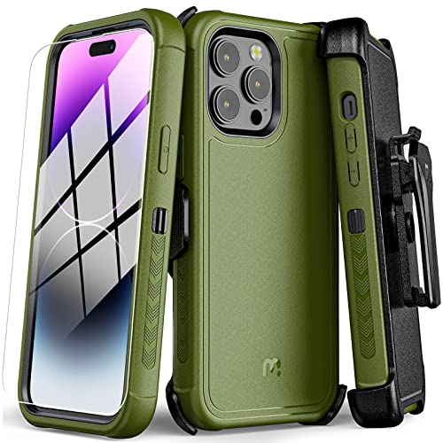 MYBAT Pro Shockproof Maverick Series Case for iPhone 14 Pro Max Case with Belt Clip Holster and Tempered Glass, 6.7 inch, Heavy Duty Military Grade Drop Protective, with 360° Rotating Kickstand-Green