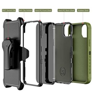 MYBAT Pro Shockproof Maverick Series Case for iPhone 14 Pro Max Case with Belt Clip Holster and Tempered Glass, 6.7 inch, Heavy Duty Military Grade Drop Protective, with 360° Rotating Kickstand-Green