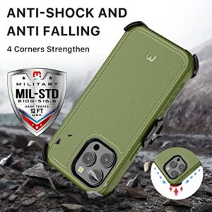 MYBAT Pro Shockproof Maverick Series Case for iPhone 14 Pro Max Case with Belt Clip Holster and Tempered Glass, 6.7 inch, Heavy Duty Military Grade Drop Protective, with 360° Rotating Kickstand-Green