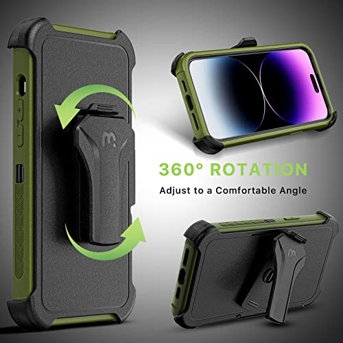 MYBAT Pro Shockproof Maverick Series Case for iPhone 14 Pro Max Case with Belt Clip Holster and Tempered Glass, 6.7 inch, Heavy Duty Military Grade Drop Protective, with 360° Rotating Kickstand-Green