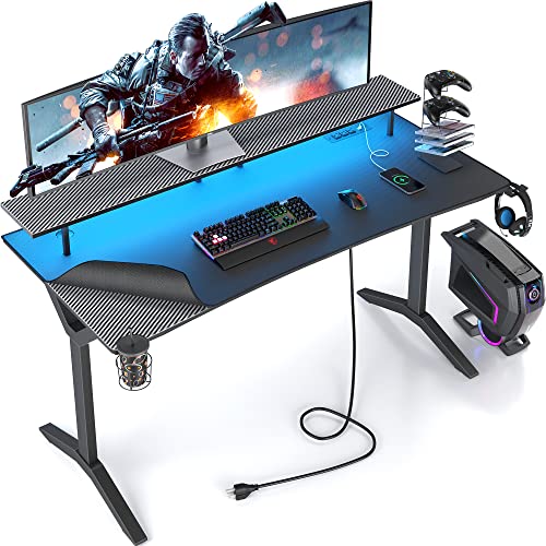 Mr IRONSTONE Gaming Desk 55 Inch with LED Lights & Power Outlets, Computer Gamer Desk with Full Mouse Pad & Carbon Fiber Surface, Y Shaped Leg Gamer Table with Monitor Stand, Gift for Boys Men