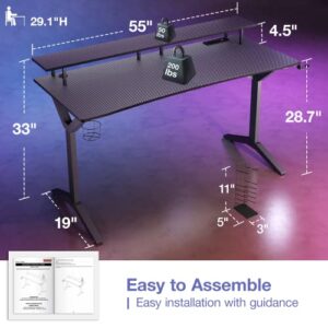 Mr IRONSTONE Gaming Desk 55 Inch with LED Lights & Power Outlets, Computer Gamer Desk with Full Mouse Pad & Carbon Fiber Surface, Y Shaped Leg Gamer Table with Monitor Stand, Gift for Boys Men