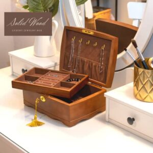 EURIELK Wooden Jewelry Box with Lock & Key for Women, Medium Size Real Natural Wood Lockable Antique Girls Organizer Boxes with Large Storage, Big Ring Compartments, & Built in Necklace Hooks, Brown