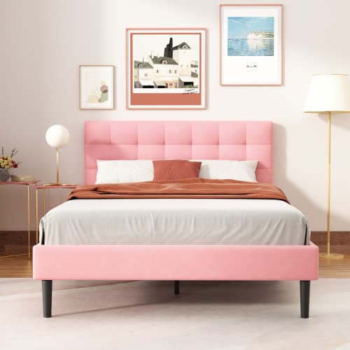 UNIZONE Queen Size Upholstered Bed Frame with Tufted Headboard, Velvet Platform Bed with Headboard, Wood Slats Support, Mattress Foundation, No Box Spring Needed, Easy Assembly, No Squeak, Pink