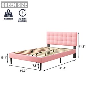 UNIZONE Queen Size Upholstered Bed Frame with Tufted Headboard, Velvet Platform Bed with Headboard, Wood Slats Support, Mattress Foundation, No Box Spring Needed, Easy Assembly, No Squeak, Pink