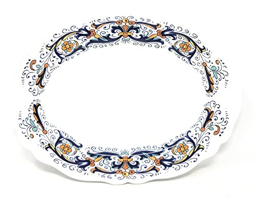 Nova Deruta Orange Fruit and Tulips, Blue Fleur De Lis, Floral Spirals Ceramic Serving Dish Plate Platter, Italian Handcrafted Earthenware for Sur La Table, Deruta, Made in Italy, 9.75" long x 13.25"