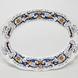 Nova Deruta Orange Fruit and Tulips, Blue Fleur De Lis, Floral Spirals Ceramic Serving Dish Plate Platter, Italian Handcrafted Earthenware for Sur La Table, Deruta, Made in Italy, 9.75" long x 13.25"