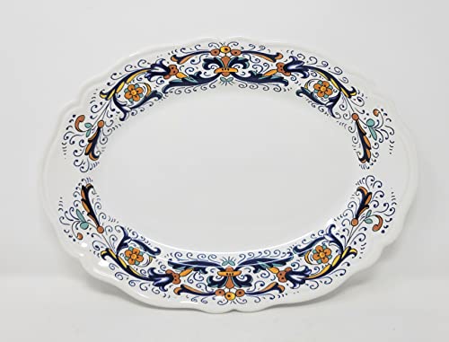 Nova Deruta Orange Fruit and Tulips, Blue Fleur De Lis, Floral Spirals Ceramic Serving Dish Plate Platter, Italian Handcrafted Earthenware for Sur La Table, Deruta, Made in Italy, 9.75" long x 13.25"