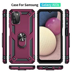 YmhxcY Galaxy A03S Case with Military-Grade Explosion-Proof Screen Protector【2 Pack】, Magnetic Car Mount Ring Holder Stand Cover for Samsung Galaxy A03S (6.5 Inch)-AA Wine Red