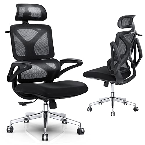 Memobarco Office Chair, Ergonomic Desk Chairs with Flip Up Armrest and Lumbar Support, Computer Mesh Chair with Adjustable Headrest and Tilt Function for Home Office Task