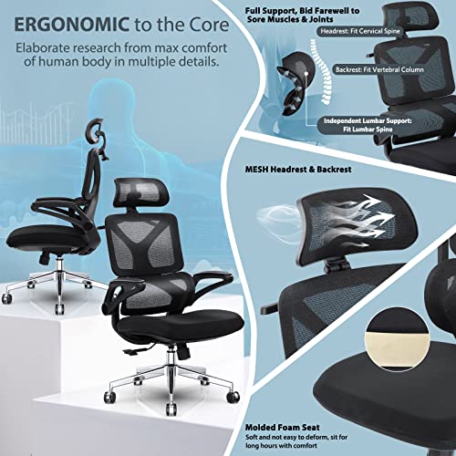 Memobarco Office Chair, Ergonomic Desk Chairs with Flip Up Armrest and Lumbar Support, Computer Mesh Chair with Adjustable Headrest and Tilt Function for Home Office Task