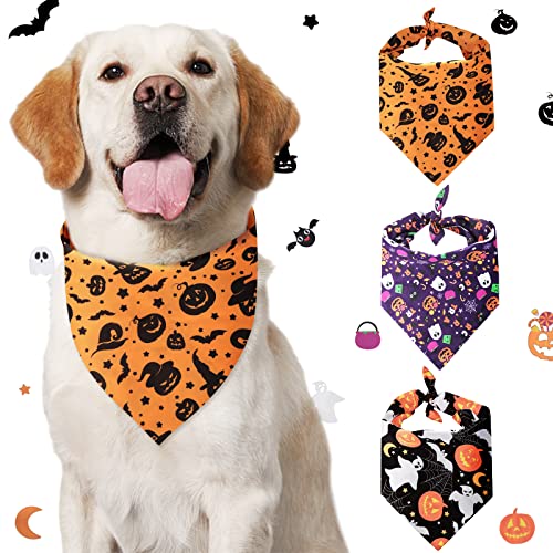 3 Pack Halloween Dog Bandanas, XIEJ Triangle Reversible Bandannas for Dogs, Soft and Breathable Adjustable Halloween Pumpkin Ghost Patterns Printing Dog Handkerchief for Medium Large Dogs