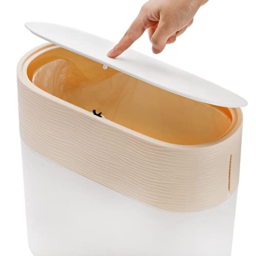 AVLA Trash Cans with Press Top Lid, Plastic Bathroom Garbage Container Bin, Rectangular Slim Covered Wastebasket, Vanity Waste Basket with 60 Waste Bags for Kitchen, Office, Narrow Place