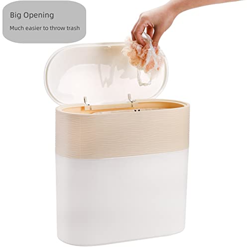 AVLA Trash Cans with Press Top Lid, Plastic Bathroom Garbage Container Bin, Rectangular Slim Covered Wastebasket, Vanity Waste Basket with 60 Waste Bags for Kitchen, Office, Narrow Place