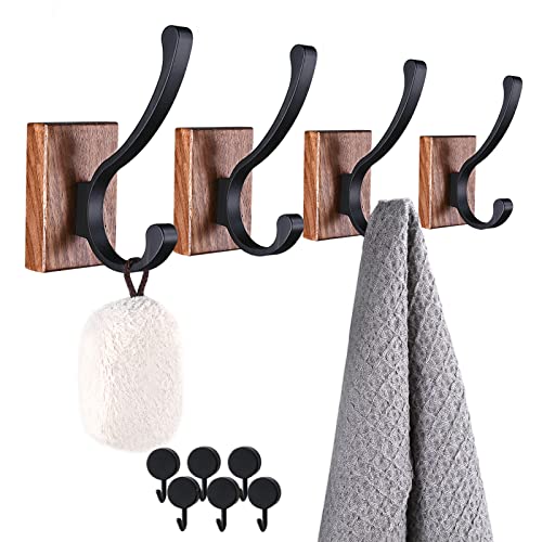 Wood Wall Hooks for Hanging - 4Pack Rustic Wood Coat Hooks Wall Mounted, FANJURNEY Wooden Heavy Duty Towel Hooks, Coats Hooks for Hanging Coats, Keys, Bag, Kitchen, Bathroom, Bedroom