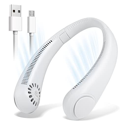 Simple Deluxe Portable Rechargeable Neck Fan, Hands Free Bladeless Headphone Design Personal Fan with 3 Speeds, Features with Flexible Size, 360° Cooling, Ultra Quiet (Color: White) (HIFANXNECKW01)