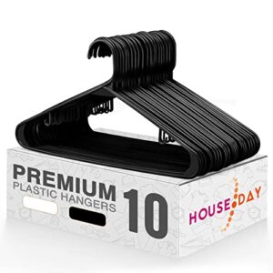 house day black plastic hangers 10 pack, heavy duty clothes hanger plastic, durable plastic shirt hangers coat hangers for closet, adult hangers for everyday standard use laundry hanger closet hangers