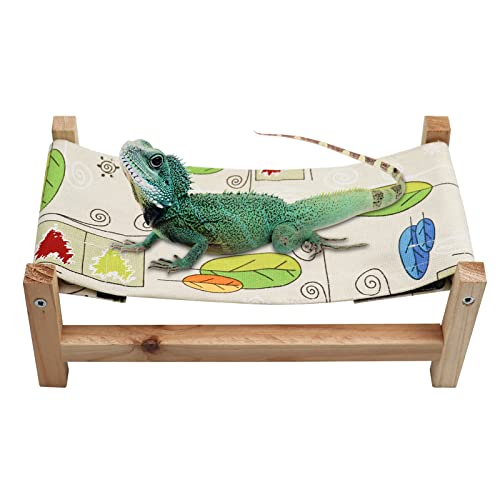 Dnoifne Reptile Hammock Swing Hanging Bed, Wooden Lizard Bed, Reptile Summer Bed for Bearded Dragon Leopard Gecko Lizard