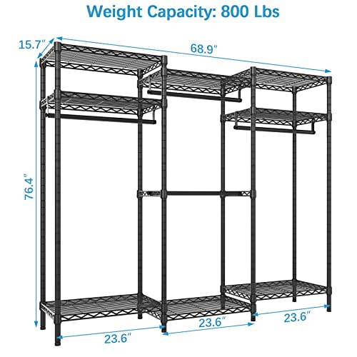 VIPEK V5i Garment Rack Heavy Duty Clothes Rack, Bedroom Armoires Portable Wardrobe Closet Freestanding Clothing Rack with 8 Adjustable Shelves& 4 Hang Rods, 68.9" L x 15.7" W x 76.4" H, Black