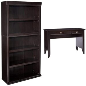 sauder 5 shelf split bookcase, jamocha wood finish & shoal creek computer desk, jamocha wood finish