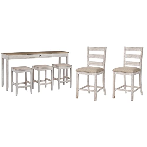 Signature Design by Ashley Skempton 4 Piece Counter Height Dining Set, Includes Table and 3 Barstools, Whitewash & Skempton 24" Counter Height Upholstered Barstool, Set of 2, Antique White