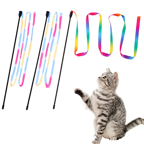 MintCat 3 PCS Interactive Cat String Toy Colorful, Cat Toys Wand Rainbow Cat Ribbon Toy, Feather Kitty Kitten Toys Cat Teaser Wand Toy, Charmer Stick for Indoor Cats Kittens